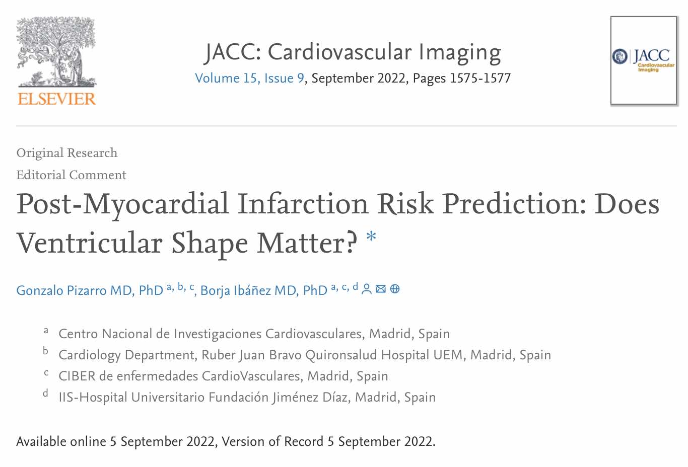 Publicado editorial en JACC: Post-Myocardial Infarction Risk Prediction ...